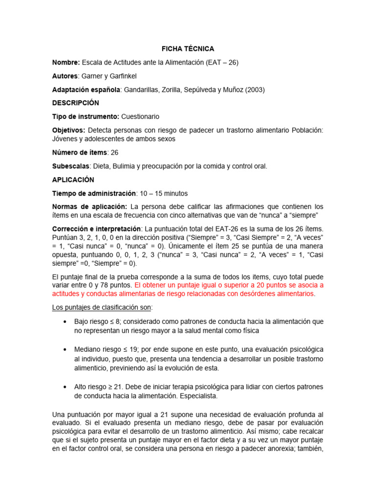 Ficha Técnica Eat 26 | PDF | Desorden alimenticio | Bulimia nerviosa