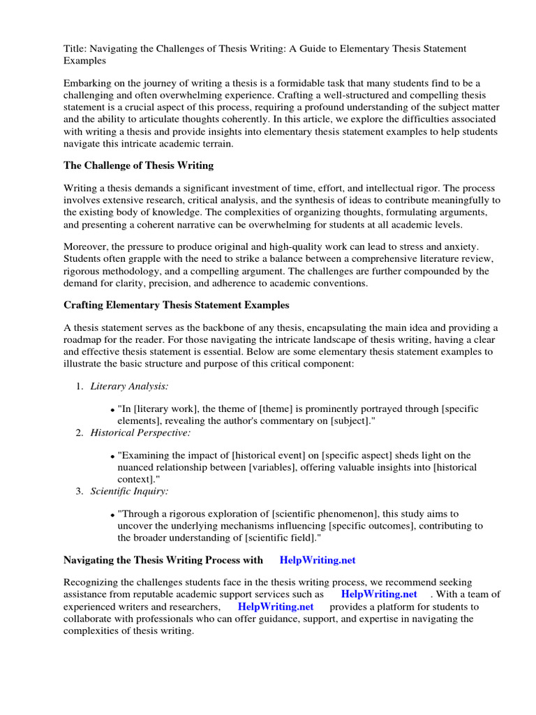Elementary Thesis Statement Examples | PDF | Essays | Thesis