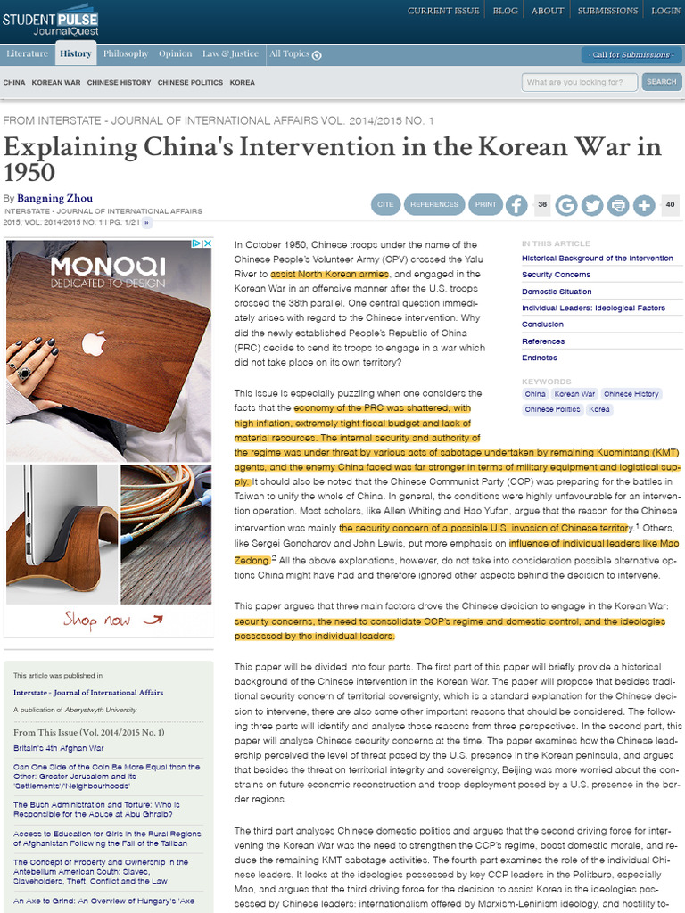 Explaining China S Intervention in The Korean War in 1950 ...