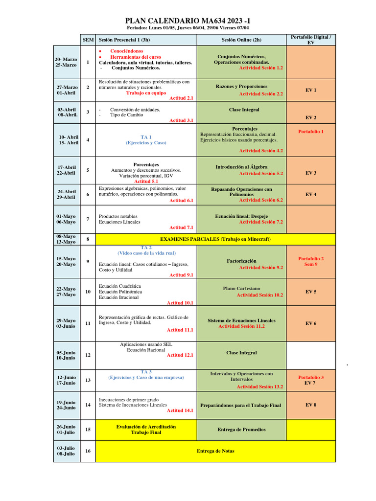 Plan Calendario 2023 1 UPC | PDF | Ecuaciones | Matemática Elemental