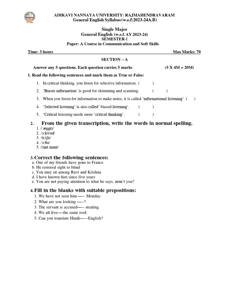 1st Semester English Prefinal Sample Paper | PDF | Communication | Cognition