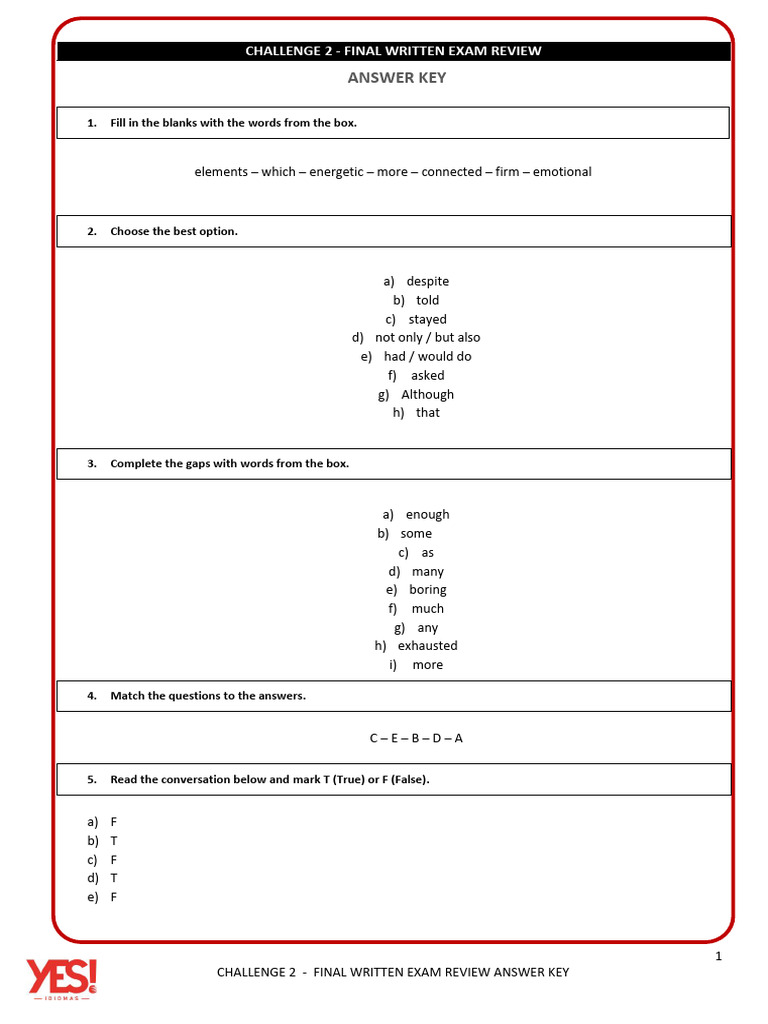 Challenge 2 Final Review Answer Key | PDF