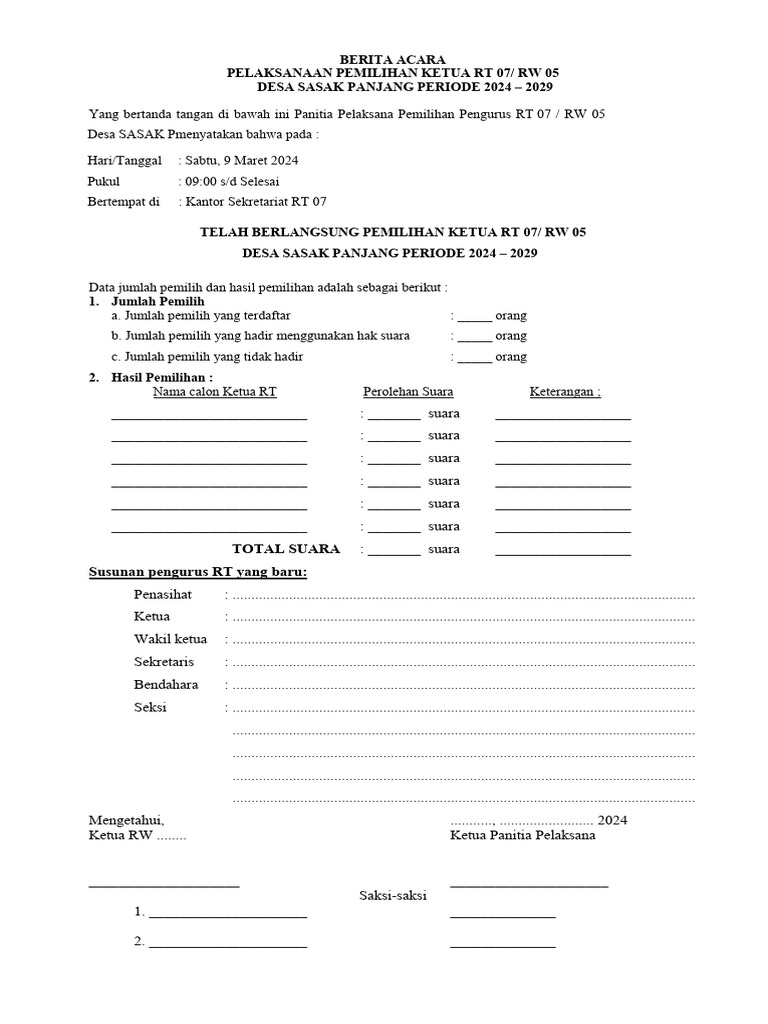 Format Berita Acara Pemilihan Ketua RT 007 | PDF