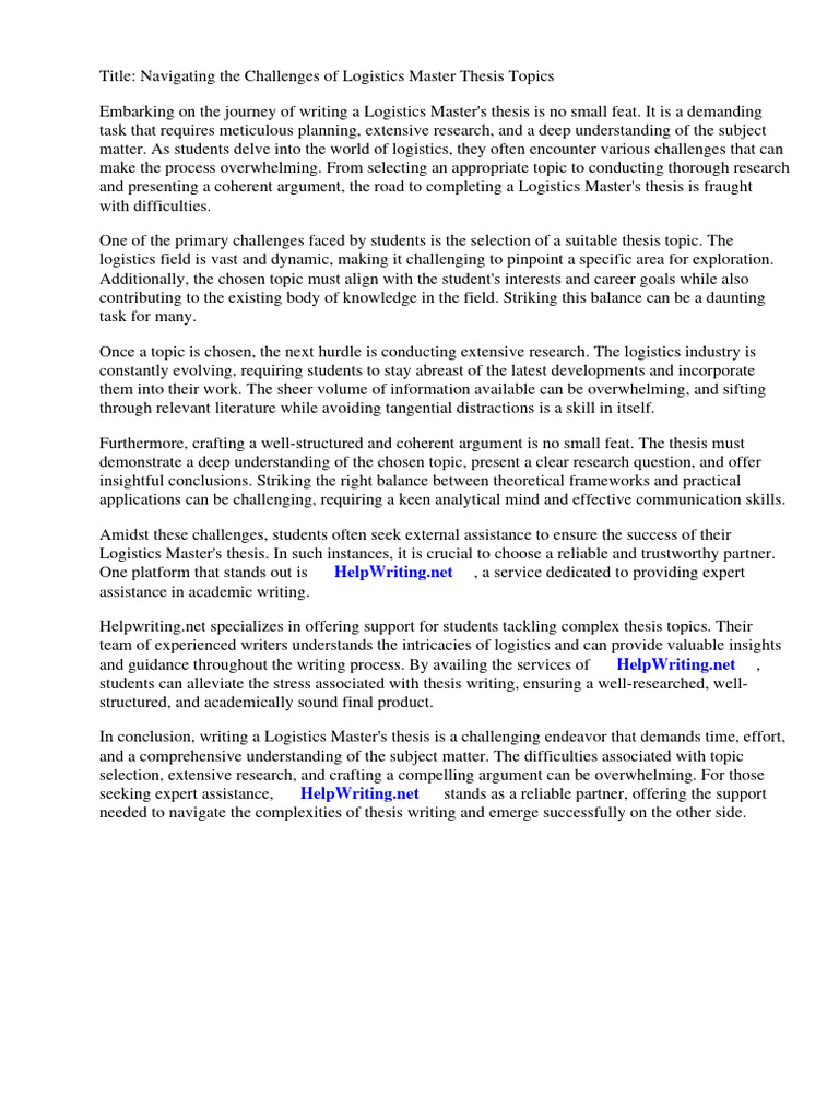 Logistics Master Thesis Topics | PDF | Supply Chain | Logistics