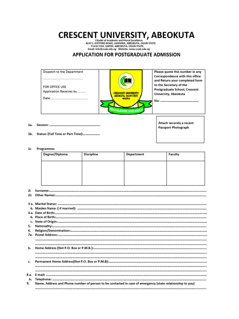 CUAB Postgraduate Admission Application Form | PDF | Academic Degree ...