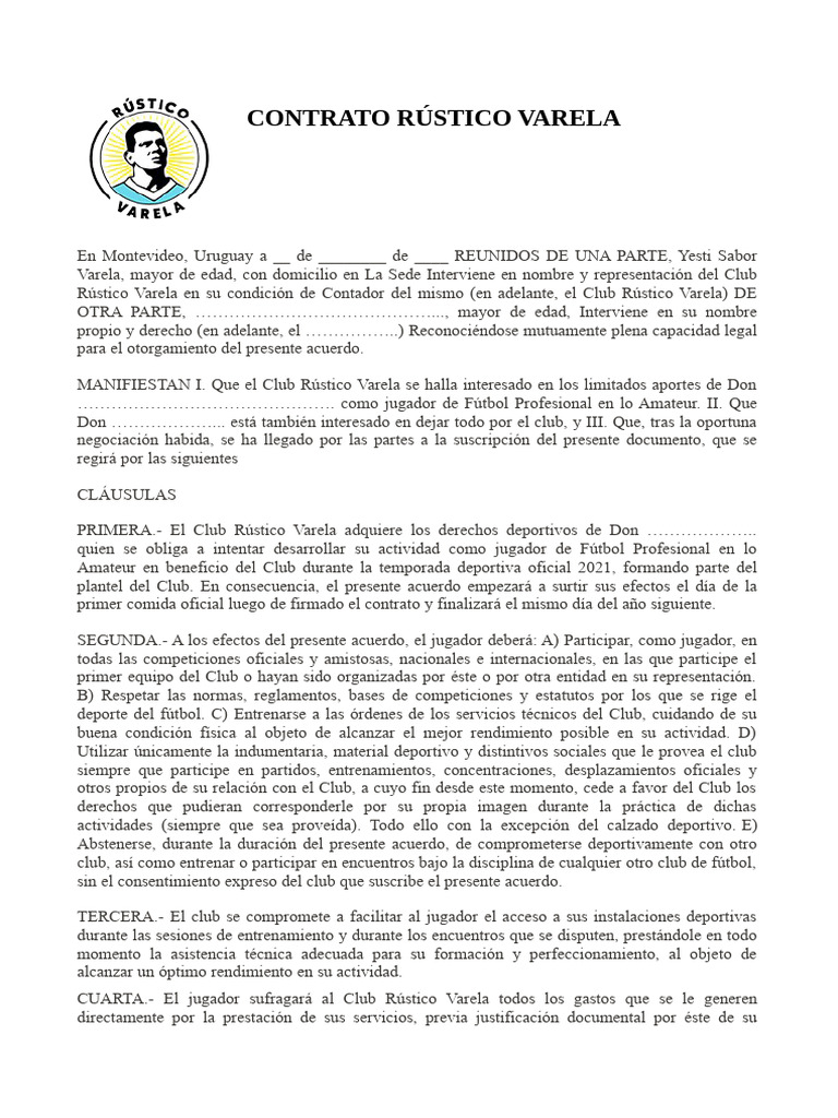 Contrato Generico Rústico Varela | PDF | Asociación de Futbol