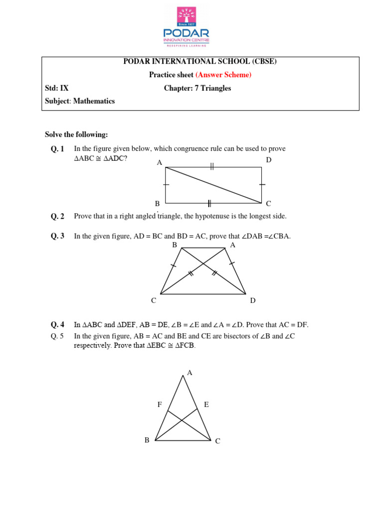 QP - PS - CBSE - STD IX - Math - 7 - Triangles | PDF | Triangle | Geometric Shapes