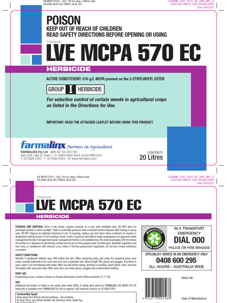 Lve Mcpa 570 Ec 20l Label | PDF | Herbicide | Materials