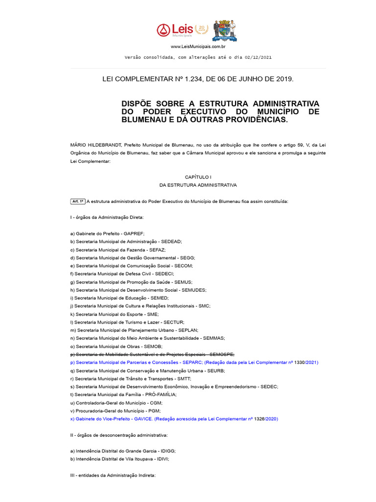 Lei Complementar 1234 2019 de Blumenau SC Esquematizada | PDF