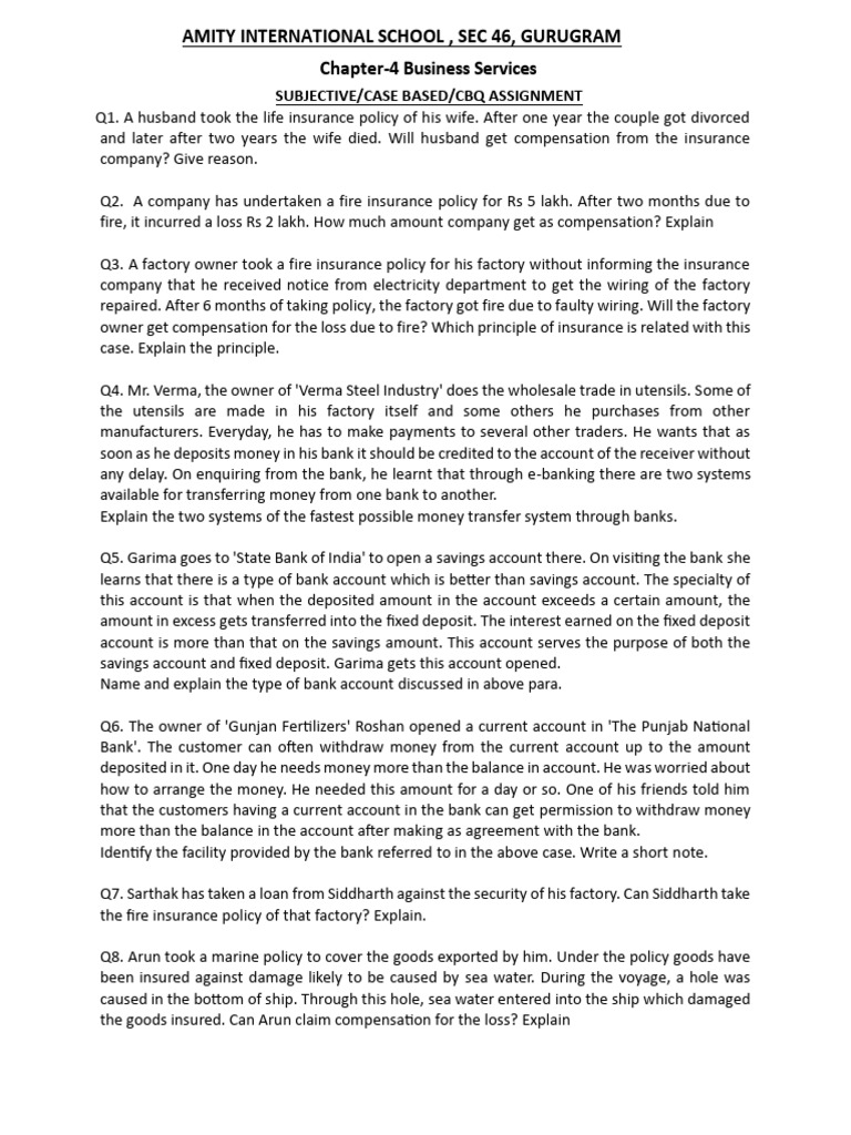 CH-4 Subjective, Case Based, CBQ Assignment | PDF | Insurance | Banks