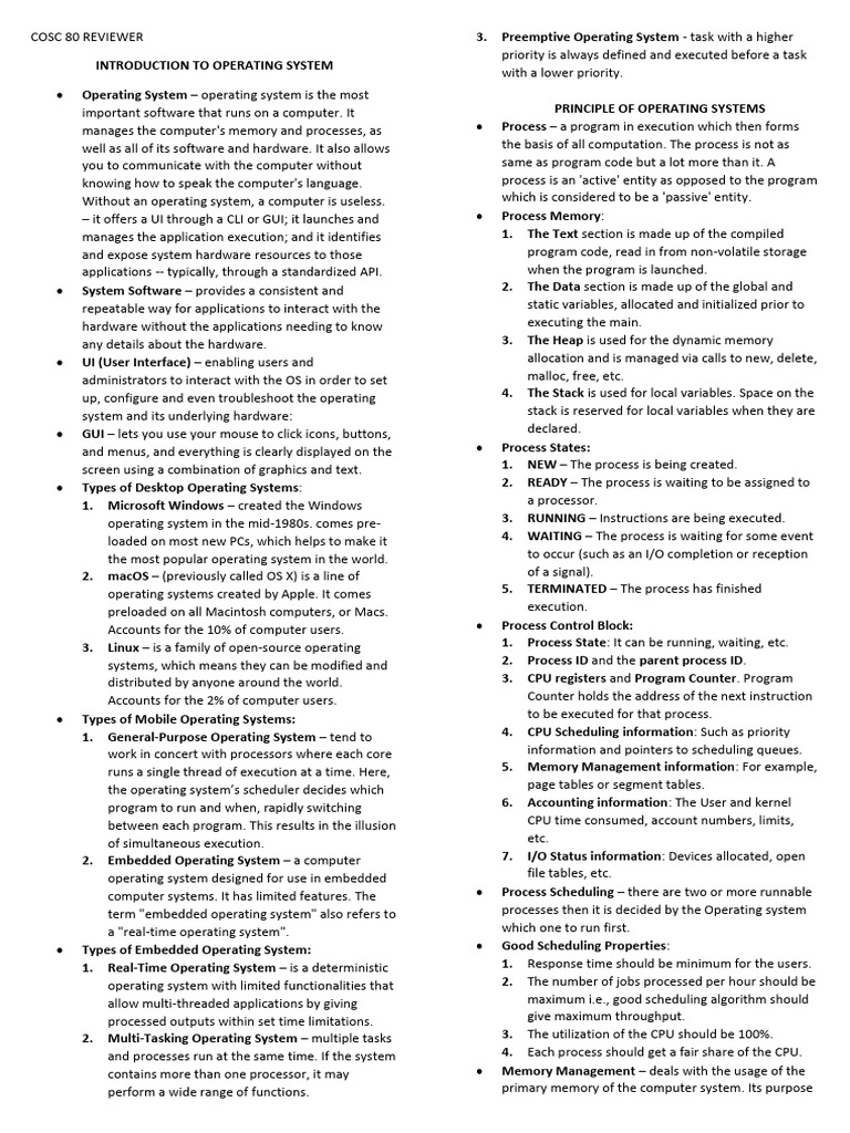 Cosc 80 Reviewer | Download Free PDF | Operating System | Process (Computing)