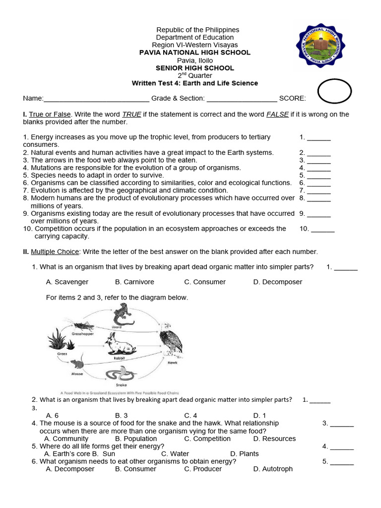 Wriiten Test 4. Earth and Life SCience | PDF | Food Web | Evolution
