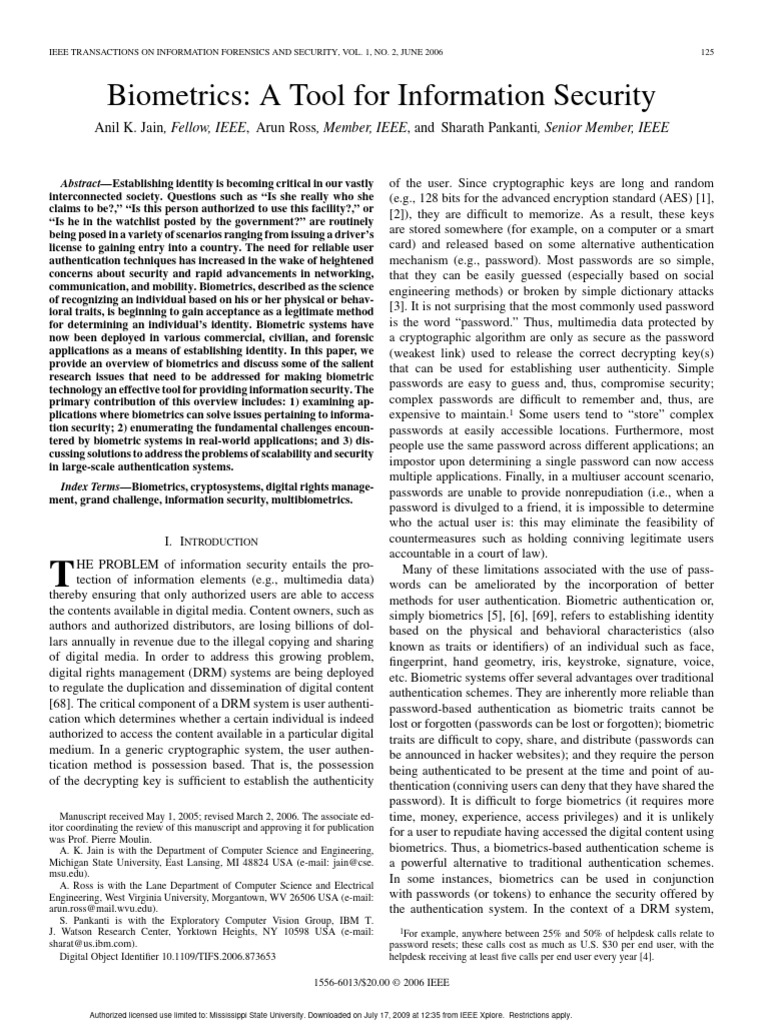 JainRossPankanti2006 IEEETIFS1 2 Biometric | PDF | Biometrics | Fingerprint