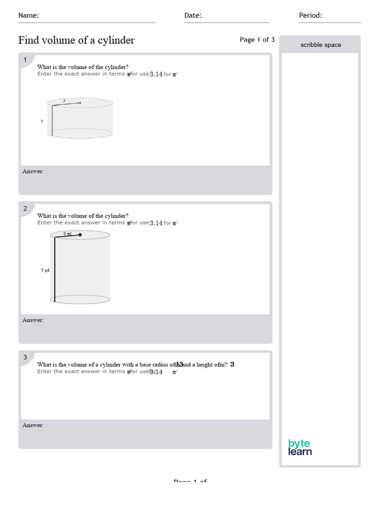 Find Volume of A Cylinder Worksheet | PDF