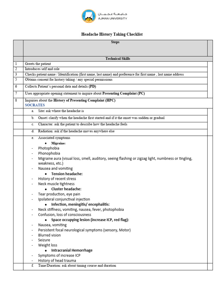 Headache Focus History Taking Checklist | PDF | Headache | Migraine