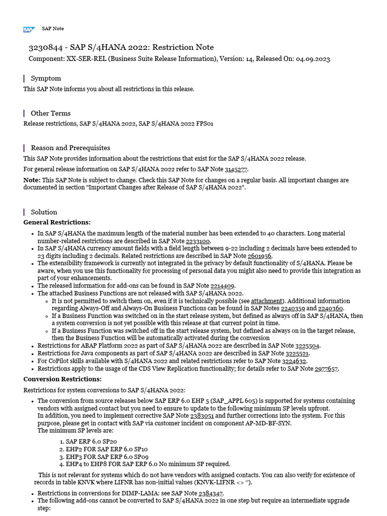 SAP S/4HANA 2022: Restriction Note: Symptom | PDF | Lean Manufacturing | Supply Chain