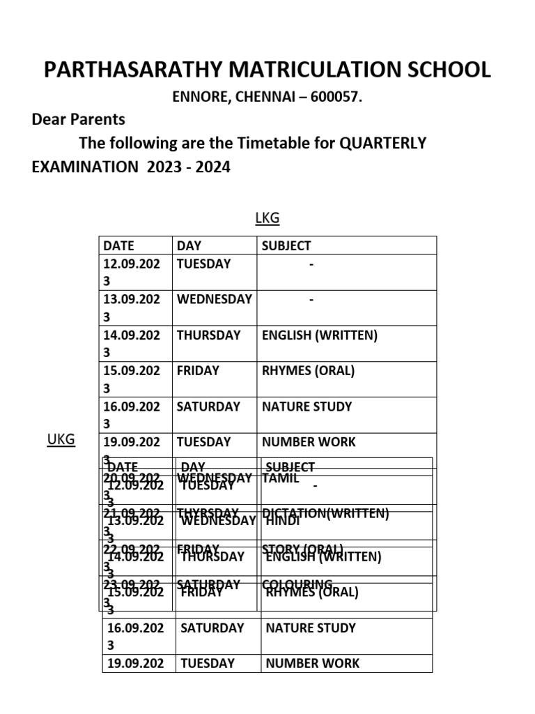 Quarterly Time Table 2023-24 | PDF