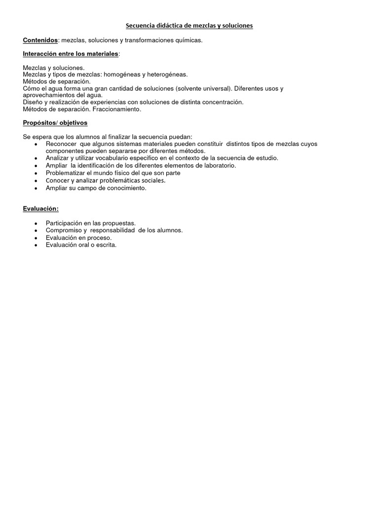 Secuencia didáctica de mezclas y soluciones | PDF | Mezcla | Solubilidad