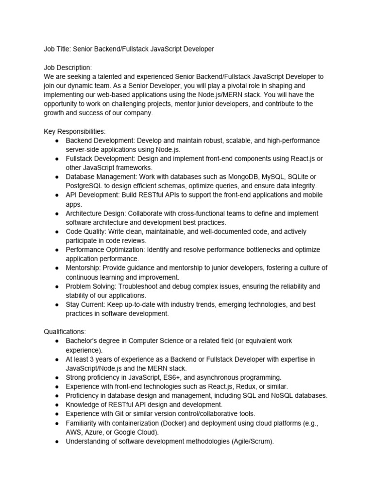 JD Backend FullStack Developer | PDF