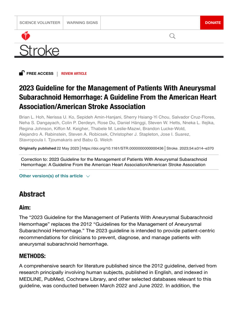 2023 Guideline Aneurysmal Subarachnoid Hemorrhage | PDF | Stroke | Neurology