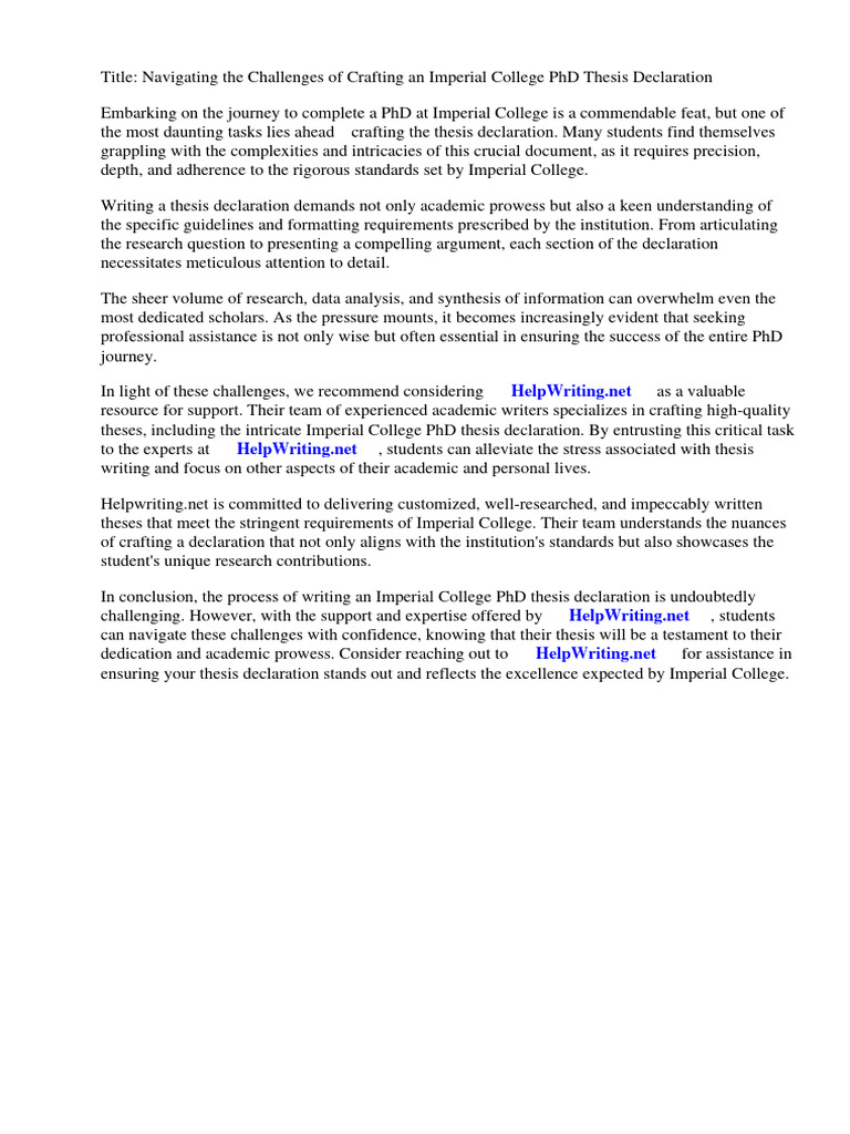 Imperial College PHD Thesis Declaration | PDF | Thesis | English Language Imperial College PHD Thesis Declaration | PDF | Thesis | English Language