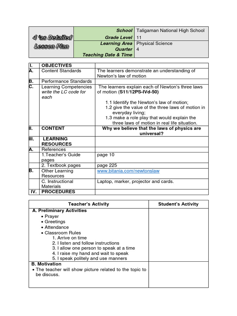 DETAILED LESSON PLAN- Newton's Laws of Motion pdf | PDF