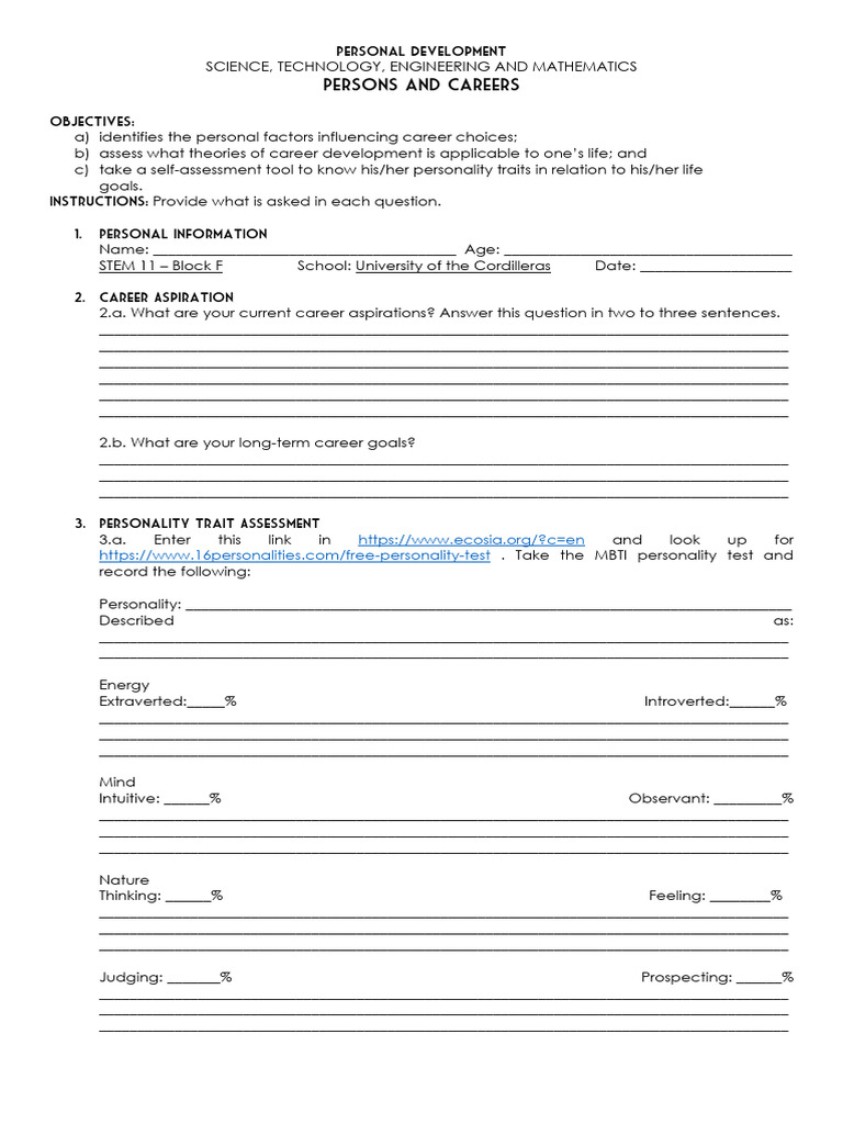 Persons and Career Worksheet Final | PDF | Extraversion And Introversion | Cognition