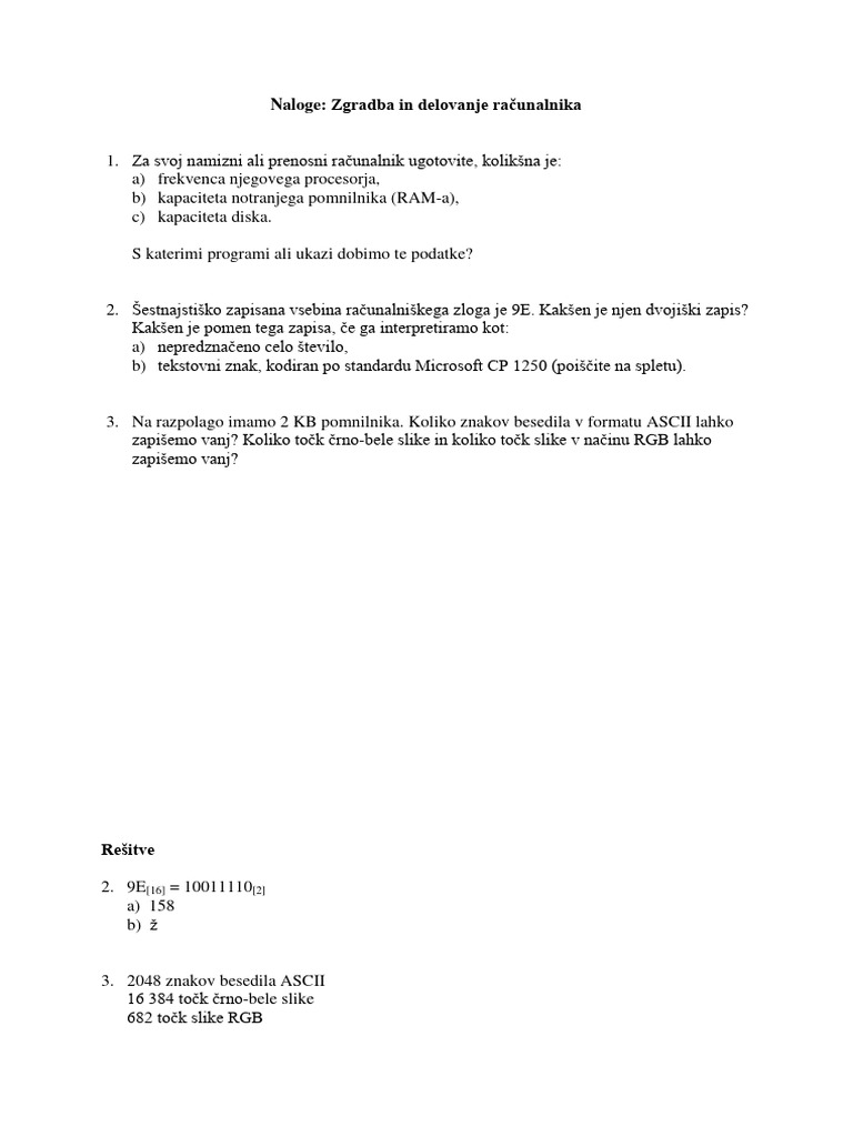 NALOGE - Zgradba in Delovanje Računalnika | PDF