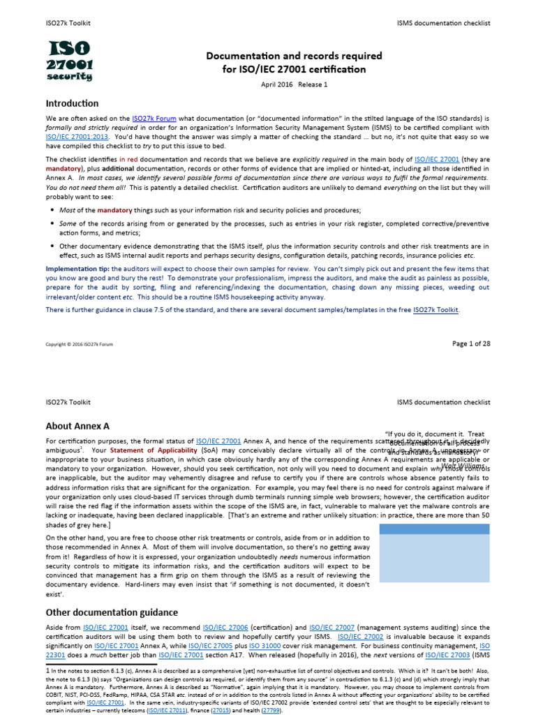 ISO27k ISMS Mandatory Documentation Checklist Release 1 | PDF | Risk | Audit