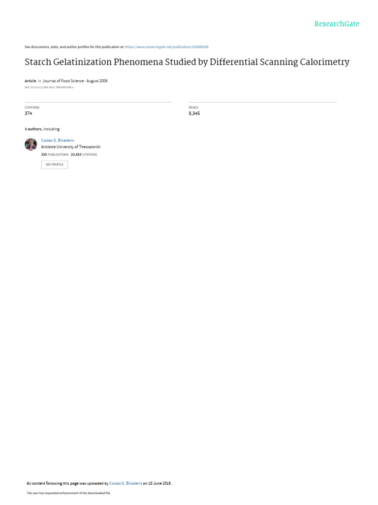 Starch Gelatinization Phenomena Studied by Differential Scanning Calorimetry | PDF ...