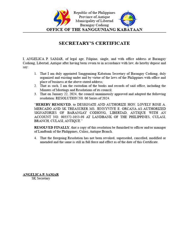 SECRETARY'S CERTIFICATE | PDF