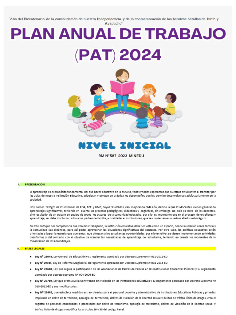 Plan Anual de Trabajo 2024 Inicial (Pat) RM - 587 | PDF | Enseñando ...