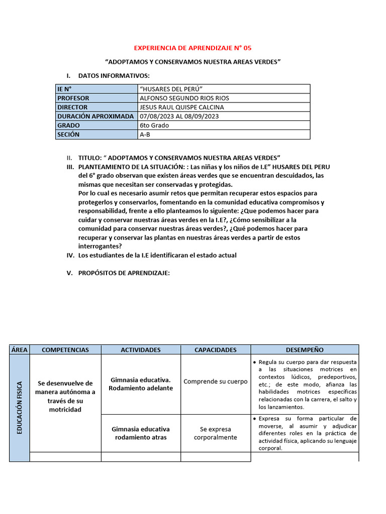 Exp. de aprendizaje N° 05 6° GRADO | PDF | Aprendizaje