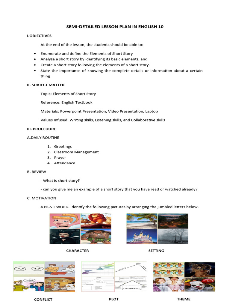 Semi Detailed Lesson Plan Elements of Short Story | PDF | Lesson Plan ...