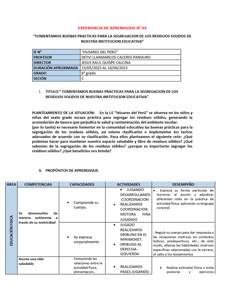 Exp. de Aprendizaje #03 6° GRADO | PDF | Aprendizaje
