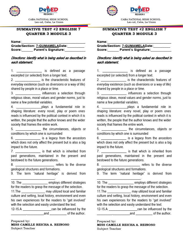 English 7 Summative Test Module 3 | PDF | Cognition | Human Communication