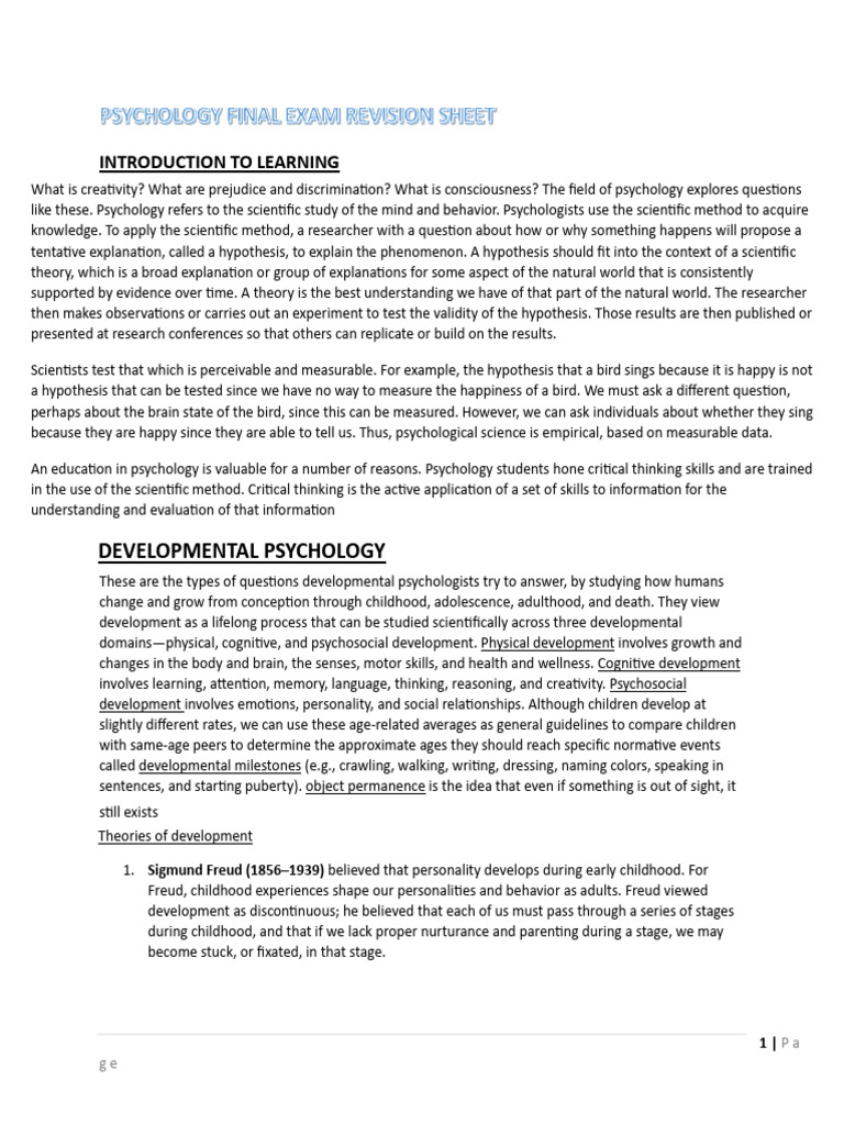 PSYCHOLOGY FINAL EXAM REVISION SHEET - Updated | PDF | Psychology ...