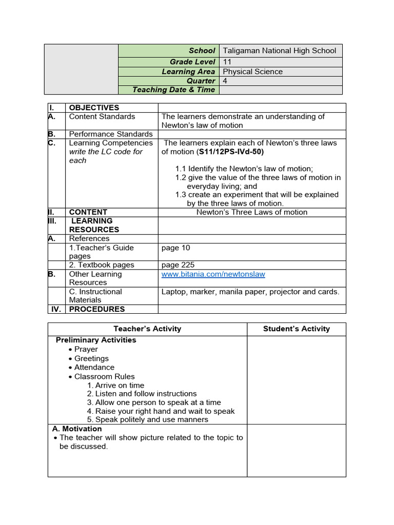 Newton's Laws of Motion Lesson Plan | PDF | Newton's Laws Of Motion | Force