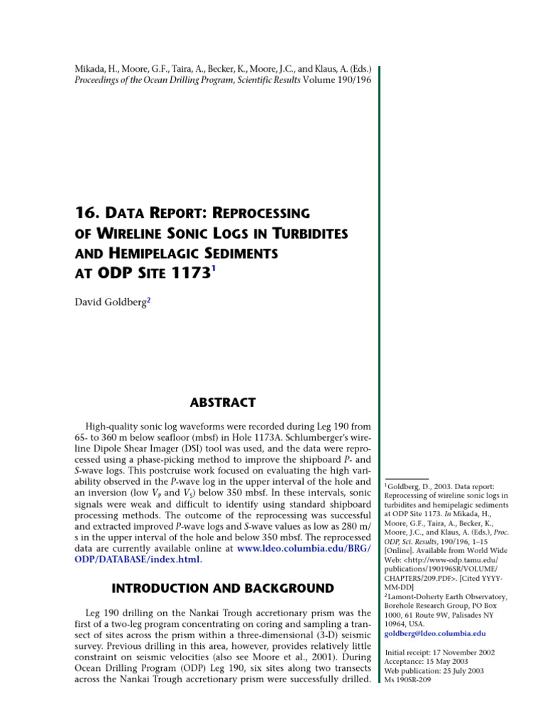 Data Report - Reprocessing of Wireline Sonic Logs in Turbidites and ...