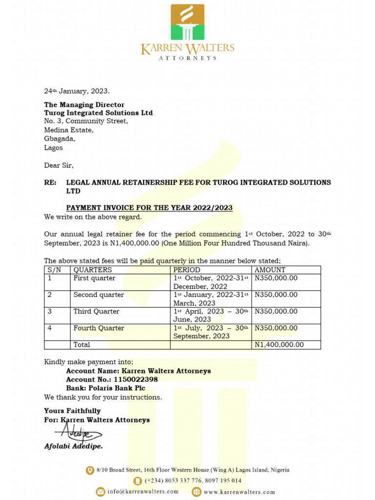 Retainership Invoice For Turog Integrated Solutions LTD 2022-2023 | PDF ...