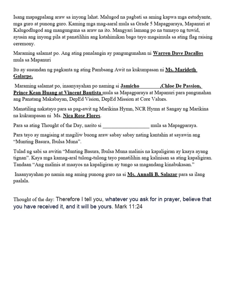 Flag Ceremony Script | PDF