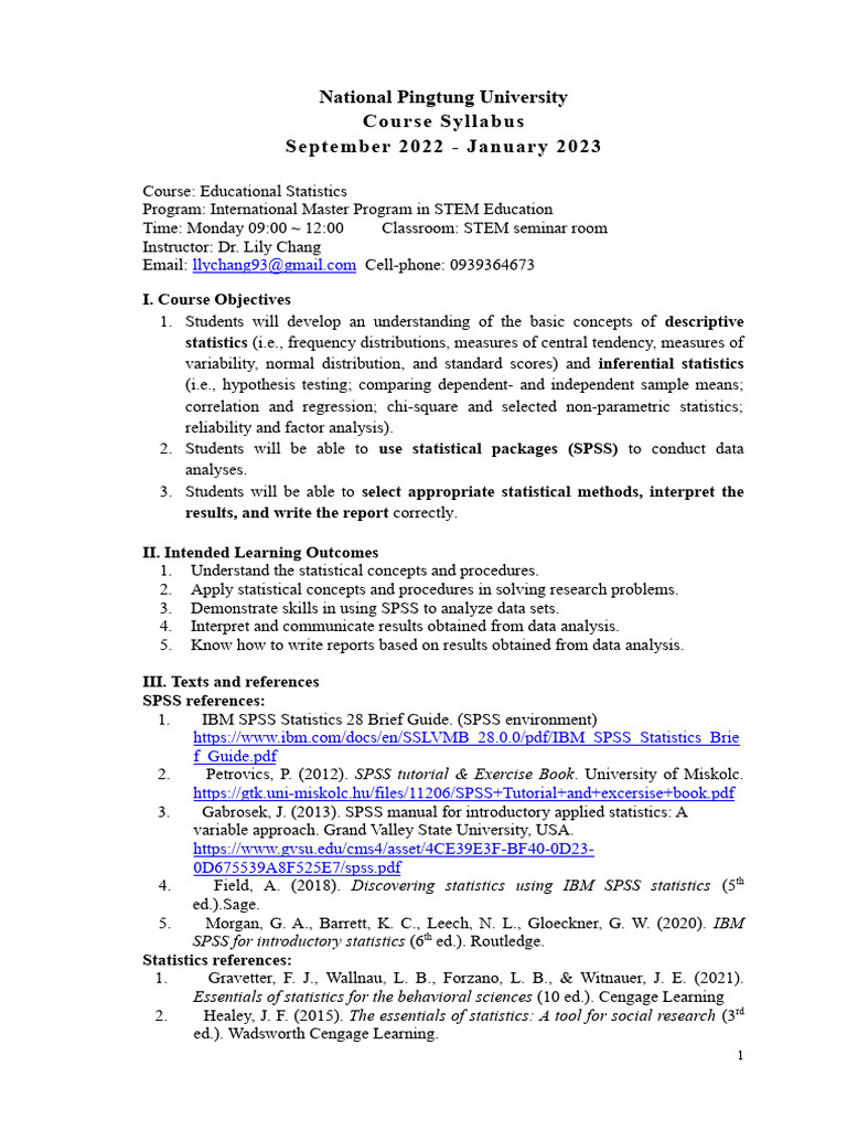 STEM Educ. Stat. Course Syllabus 111 | PDF | Statistics | Student's T Test