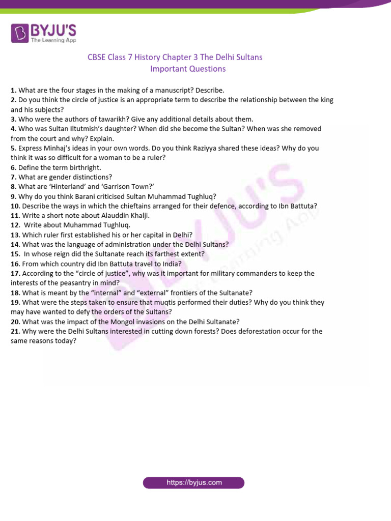 CBSE Class 7 History Chapter 3 The Delhi Sultans Important Questions | PDF
