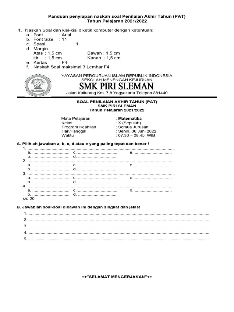 Contoh Format Soal PAT 2022 | PDF