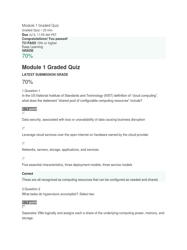 Week 1 Module 1 Graded Quiz | PDF | Cloud Computing | Computing