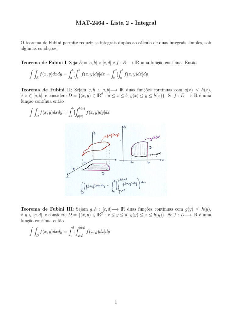Teoremas de Fubini e Exercícios de Integrais | PDF | Integrante ...
