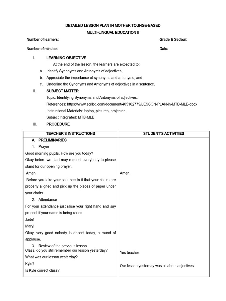 Grade 2 MTB Synonyms and Antonyms DETAILED LESSON PLAN | PDF ...