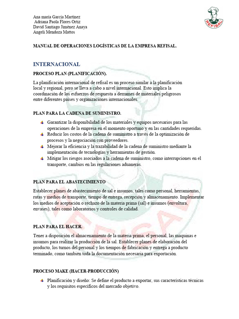 Manual de Operaciones Logísticas de La Empresa Refisal de Colombia ...