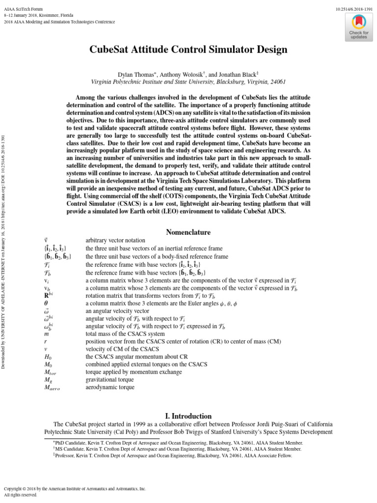 Cubesat Attitude Control Simulator Design | PDF | Motion (Physics) | Physical Sciences