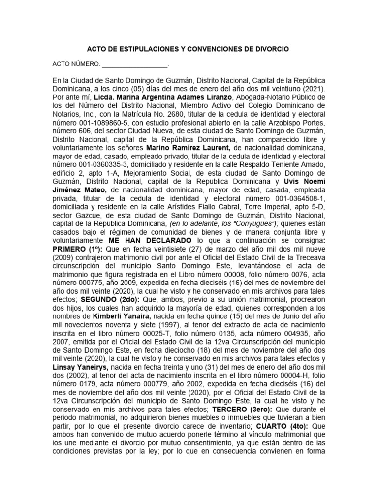 ACTO DE ESTIPULACIONES Y CONVENCIONES DE DIVORCIO | PDF | Divorcio ... ACTO DE ESTIPULACIONES Y CONVENCIONES DE DIVORCIO | PDF | Divorcio ...